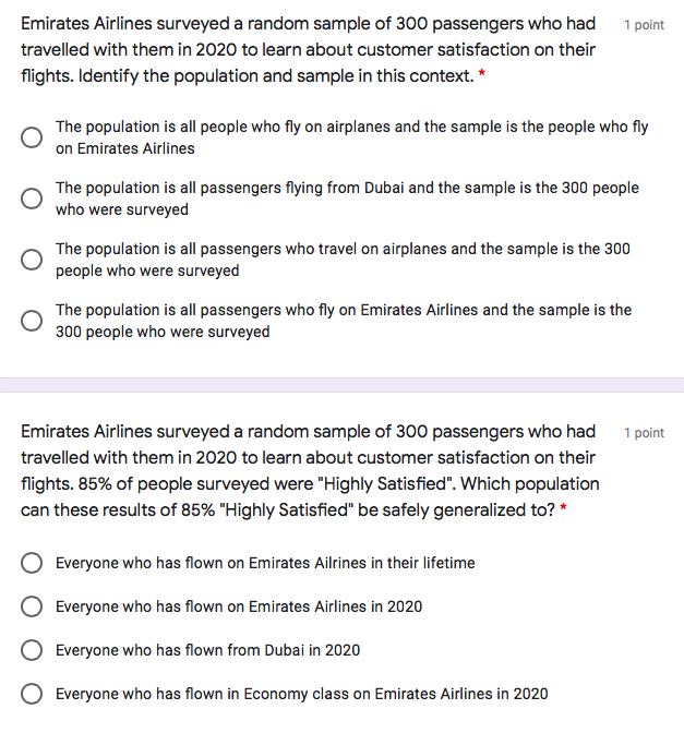Solved 1 point Emirates Airlines surveyed a random sample of | Chegg.com