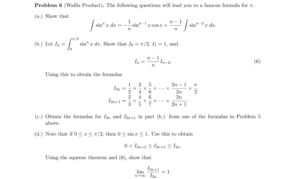 Solved Problem 6 (Wallis Product). The following questions | Chegg.com