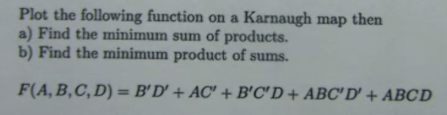 Solved Plot the following function on a Karnaugh map then a) | Chegg.com