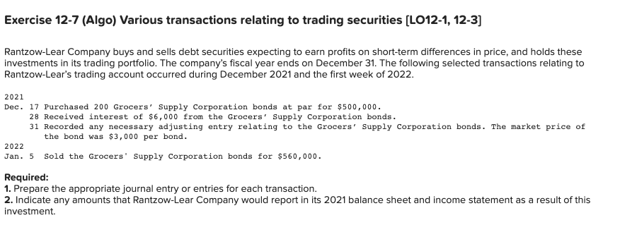 Solved Exercise 12-7 (Algo) Various transactions relating to | Chegg.com