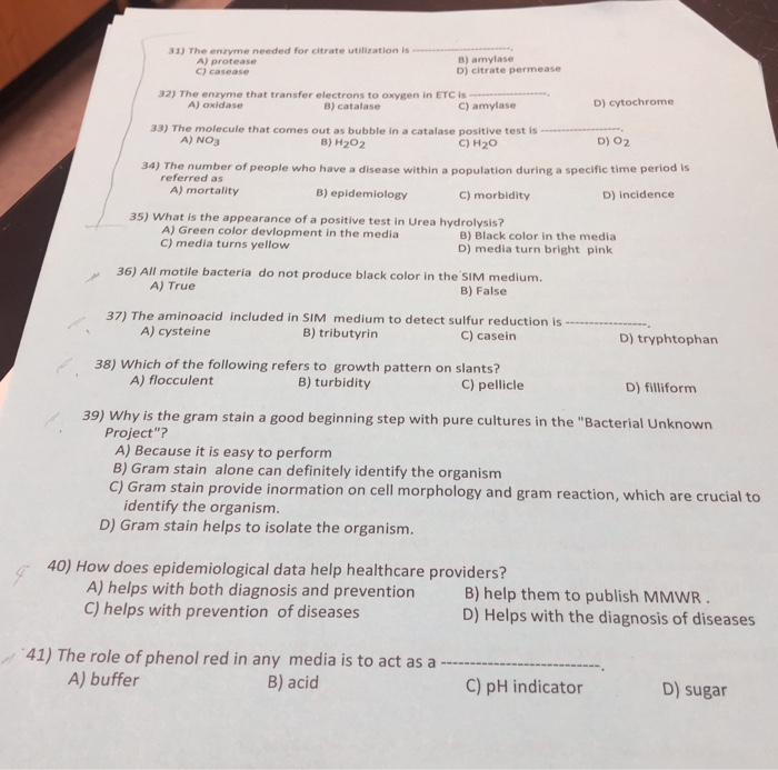 Solved 31) The enzyme needed for citrate utilization is B) | Chegg.com