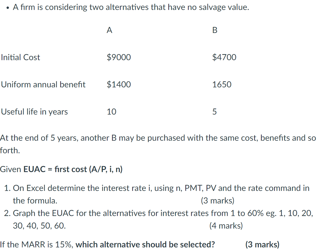 Solved - A firm is considering two alternatives that have no | Chegg.com