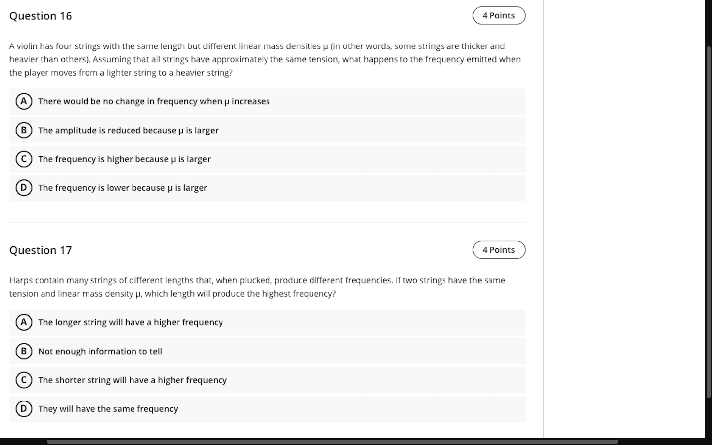 Solved Question 16 4 Points A violin has four strings with | Chegg.com