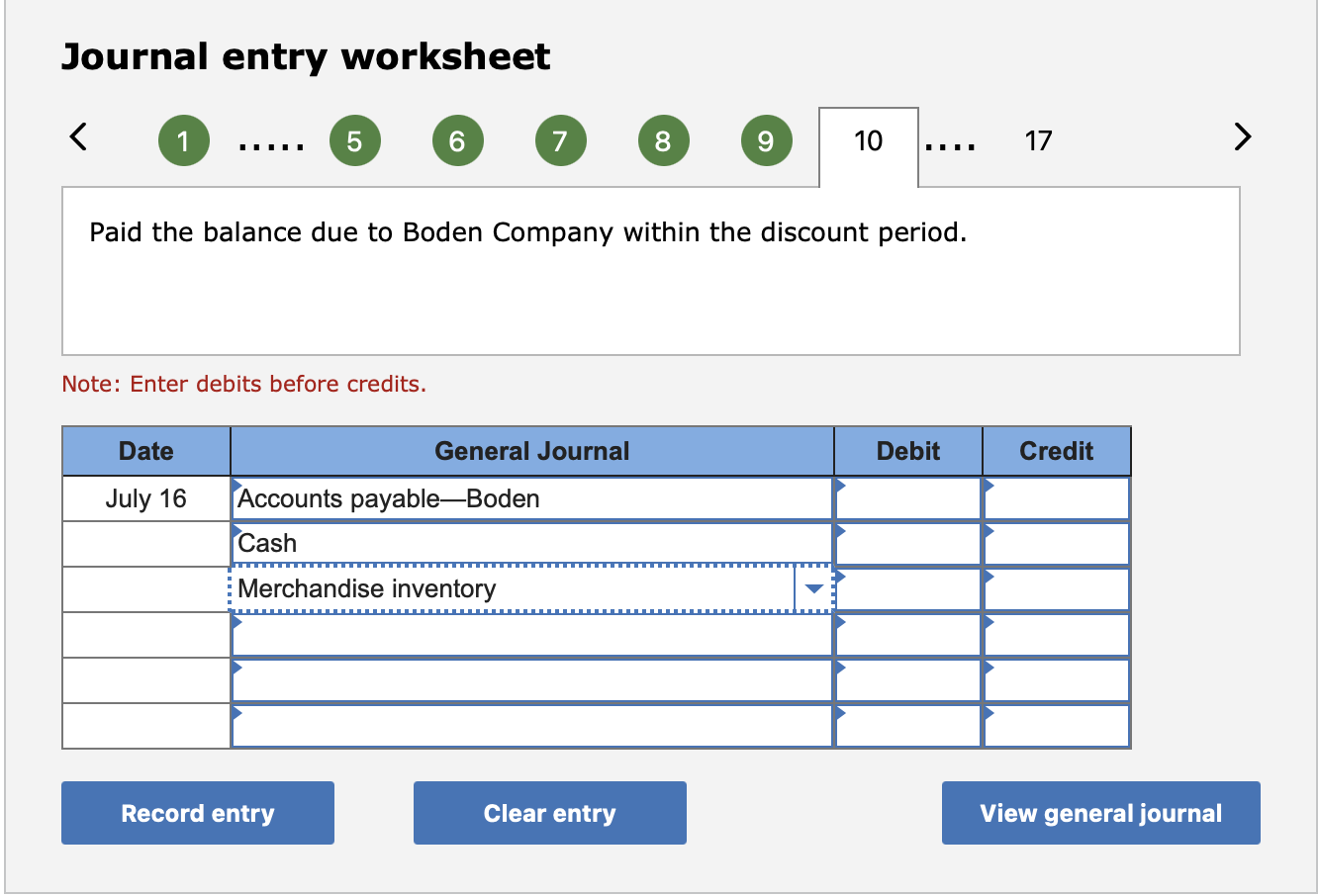 Journal entry worksheet Paid the balance due to Boden | Chegg.com
