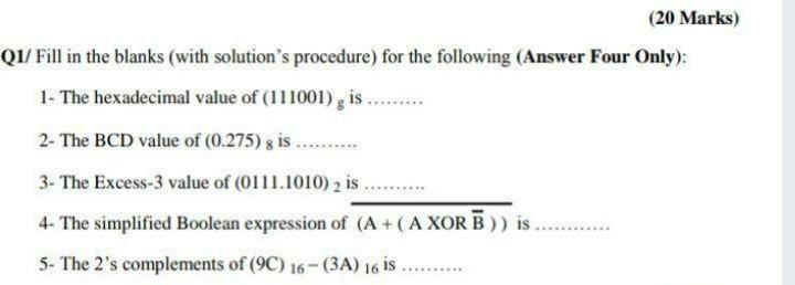 Solved (20 Marks) Q1/ Fill in the blanks (with solution's | Chegg.com