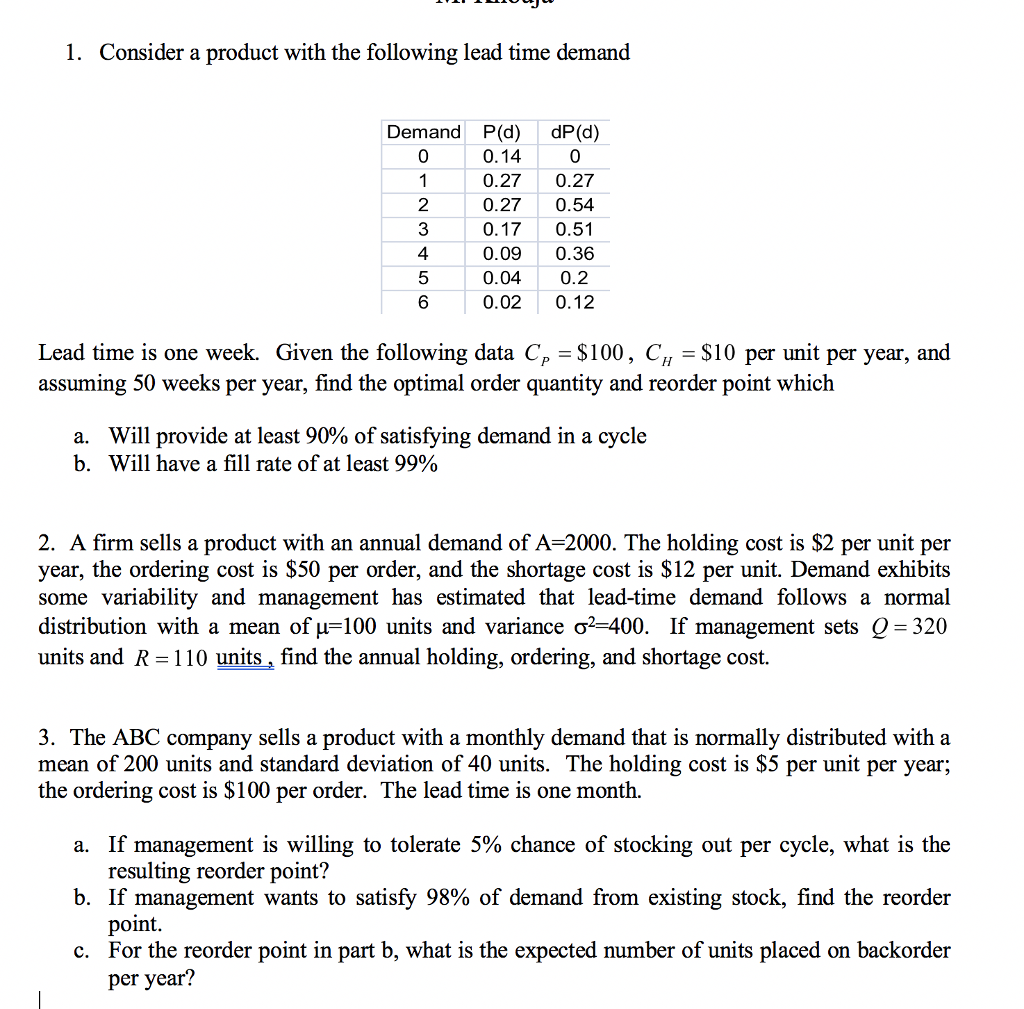 Solved 1. Consider a product with the following lead time | Chegg.com