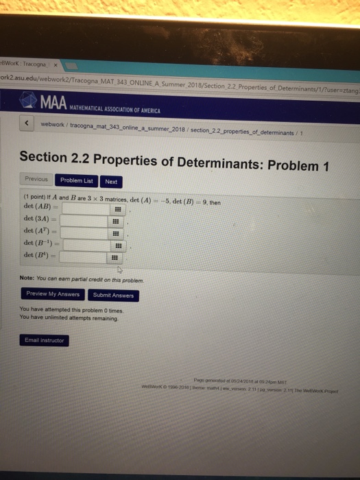 Solved EWorK : Tracogna : × ork2.asu.edu/webwork2/Tracogna | Chegg.com
