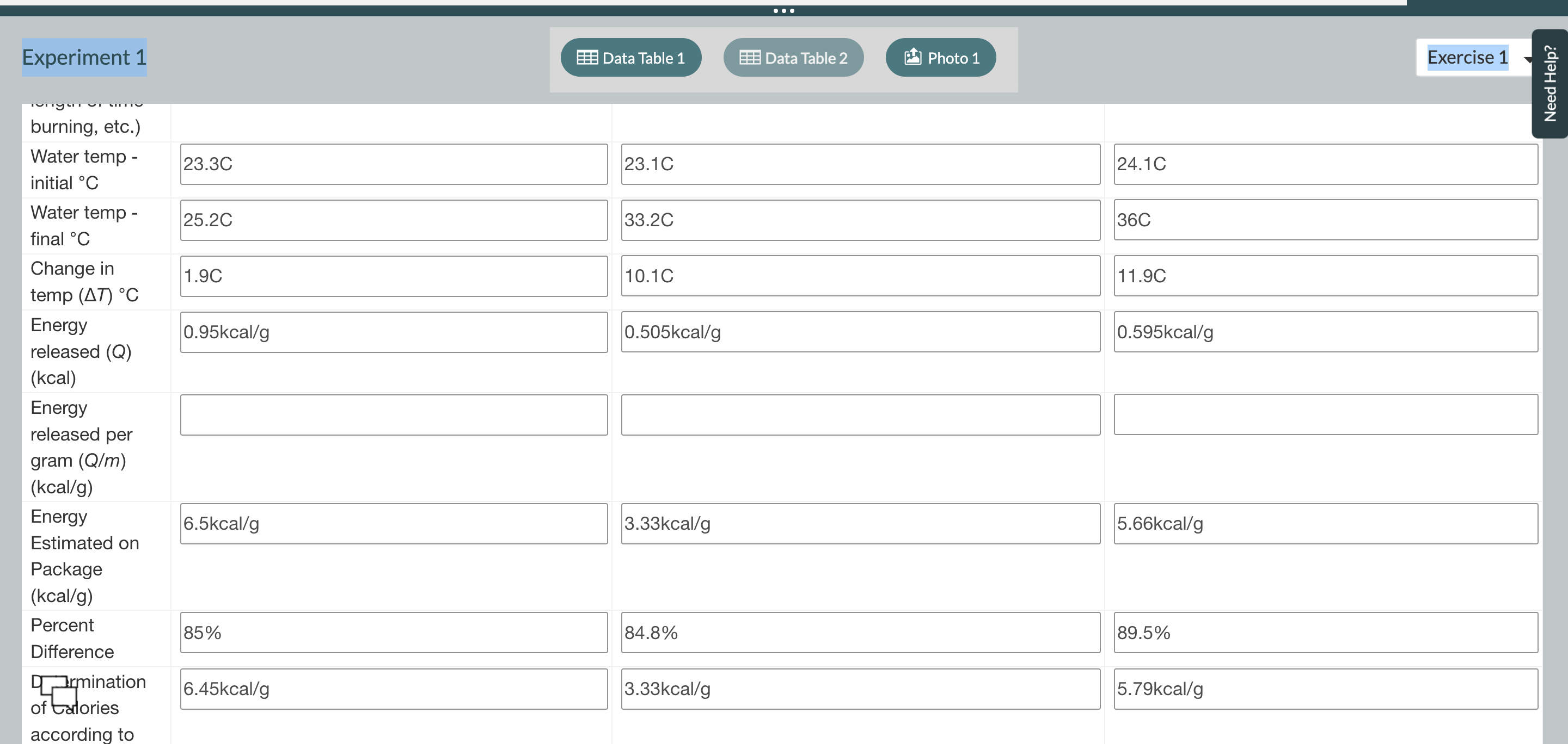 Solved Experiment 1 burning, etc.) Water temp - initial ∘C | Chegg.com