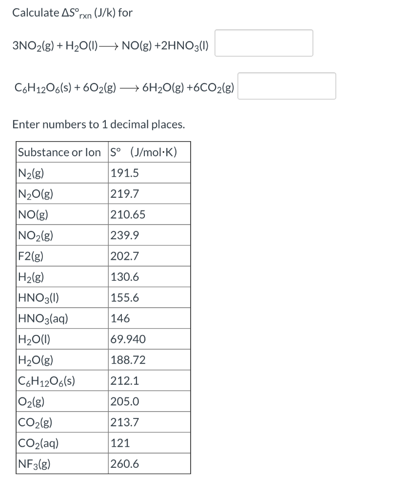 Solved Calculate AS rxn (J/k) for 3NO2(g) + H2O(1) — + NO(g) | Chegg.com