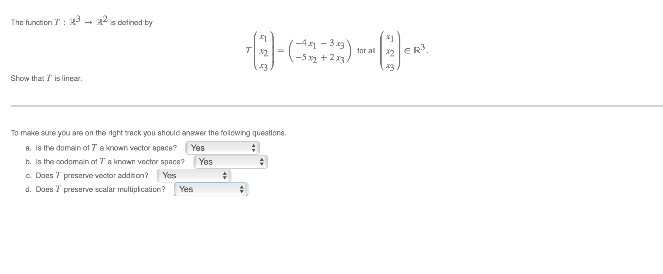 Solved The function T : R3 R2 is defined by X1 T :-4 x1 – 3 | Chegg.com