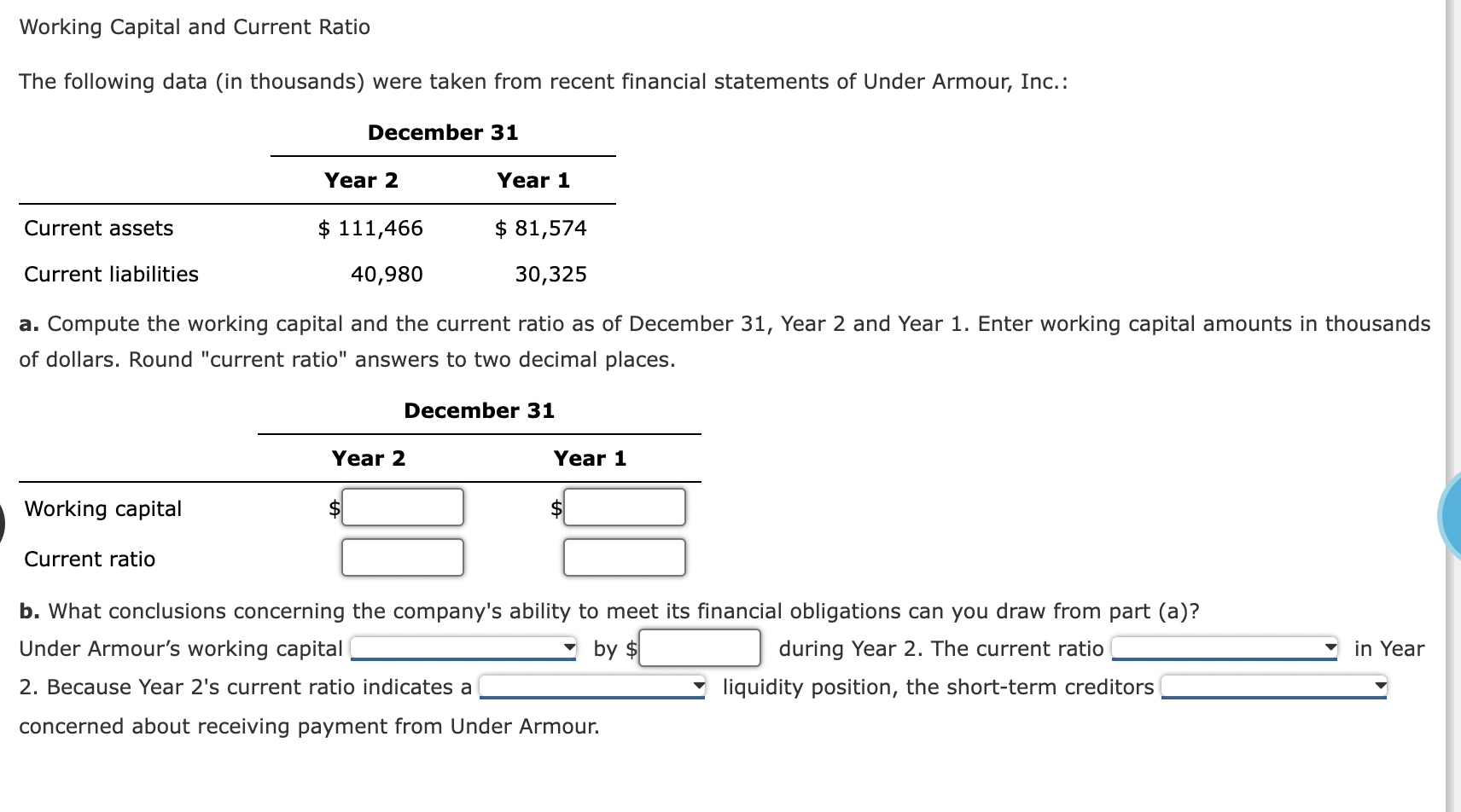 Solved Working Capital and Current Ratio The following data | Chegg.com