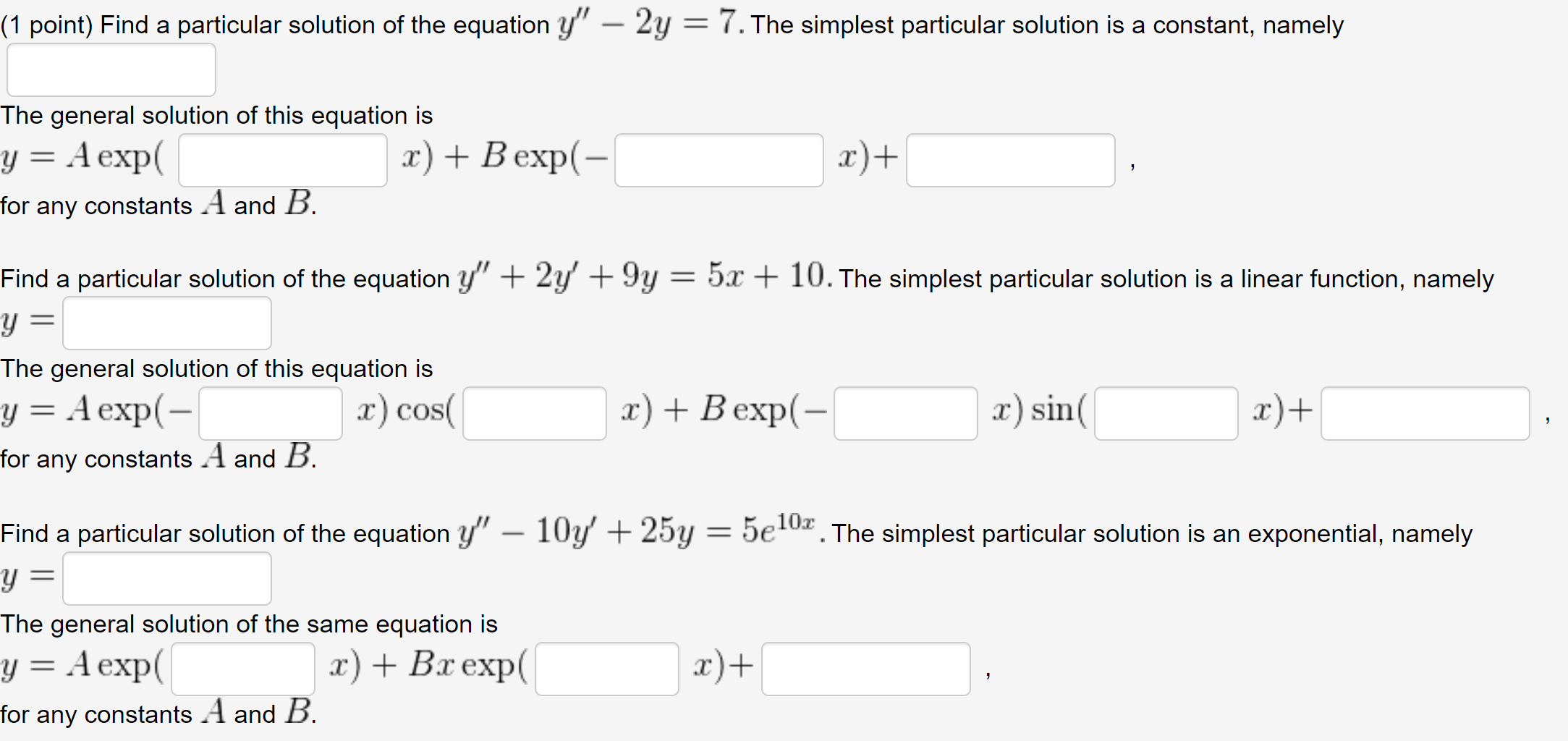 Solved (1 point) Find a particular solution of the equation | Chegg.com