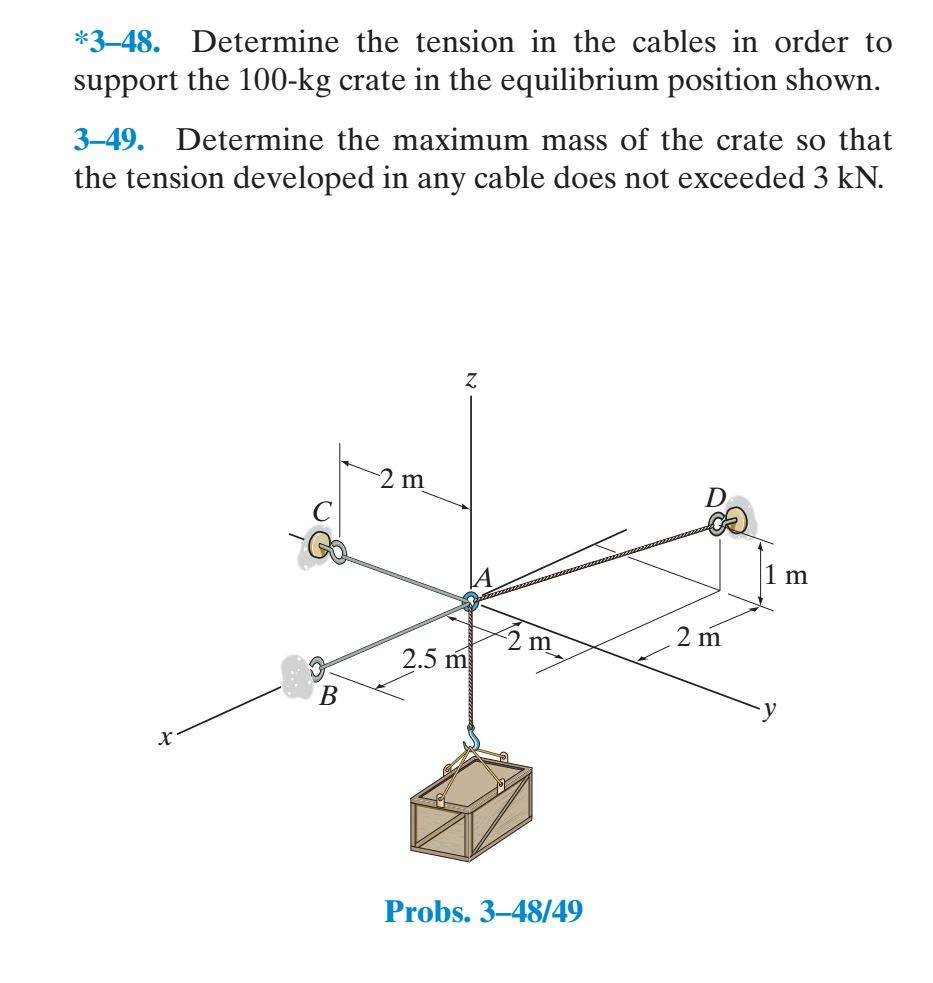 Solved 3-48. Determine the tension in the cables in order to | Chegg.com
