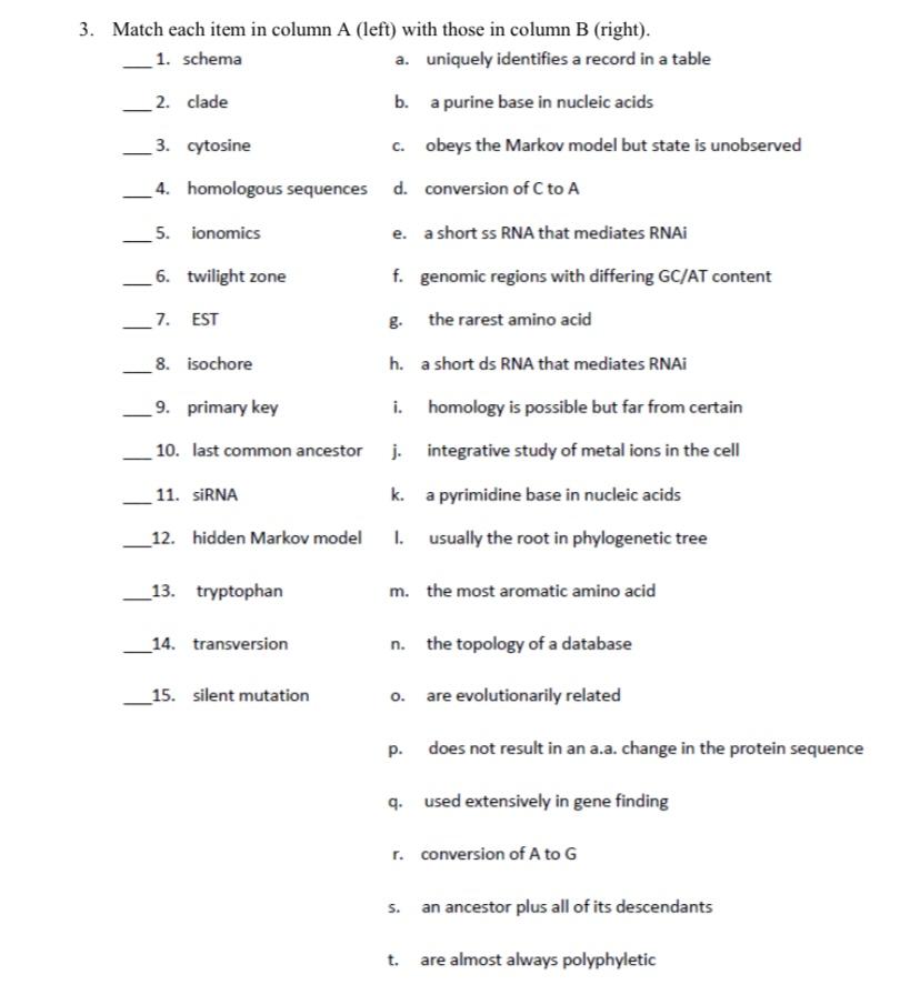 Solved 3. Match each item in column A (left) with those in | Chegg.com
