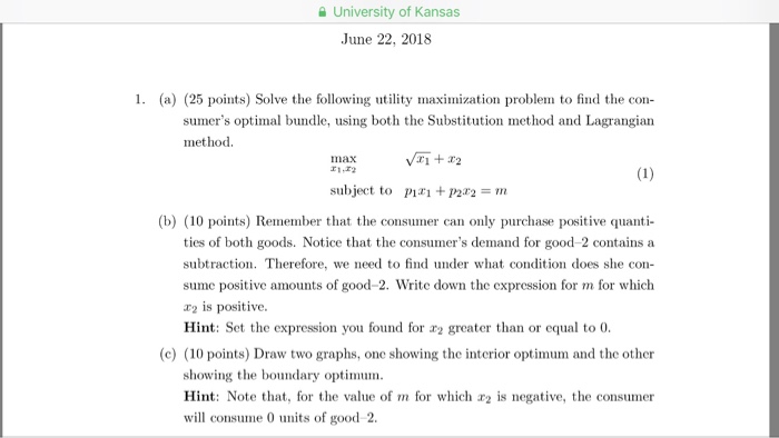 Solved Solve the following utility maximization problem to | Chegg.com