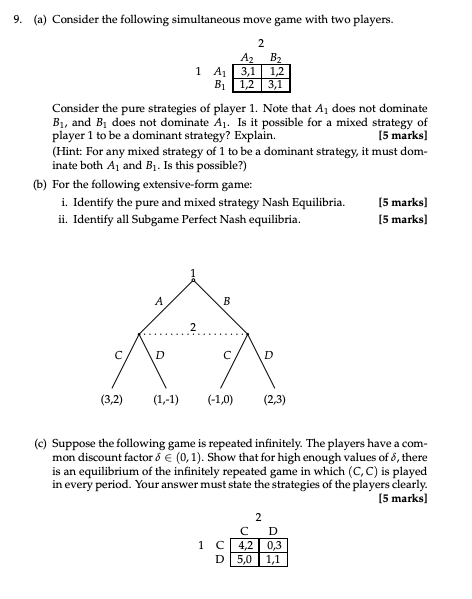 9. (a) Consider the following simultaneous move game | Chegg.com