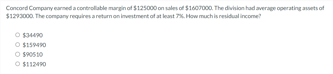 Solved Concord Company earned a controllable margin of | Chegg.com