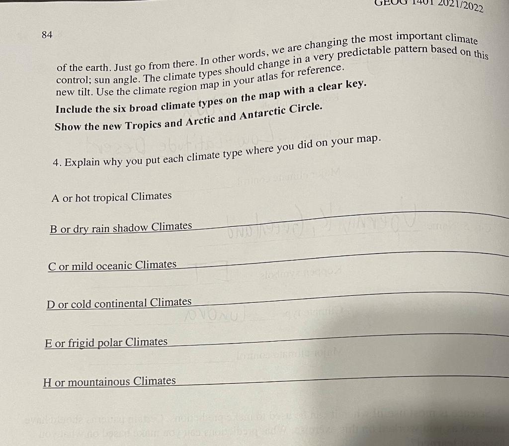 Draw the 6 broad climate types from the Koppen | Chegg.com