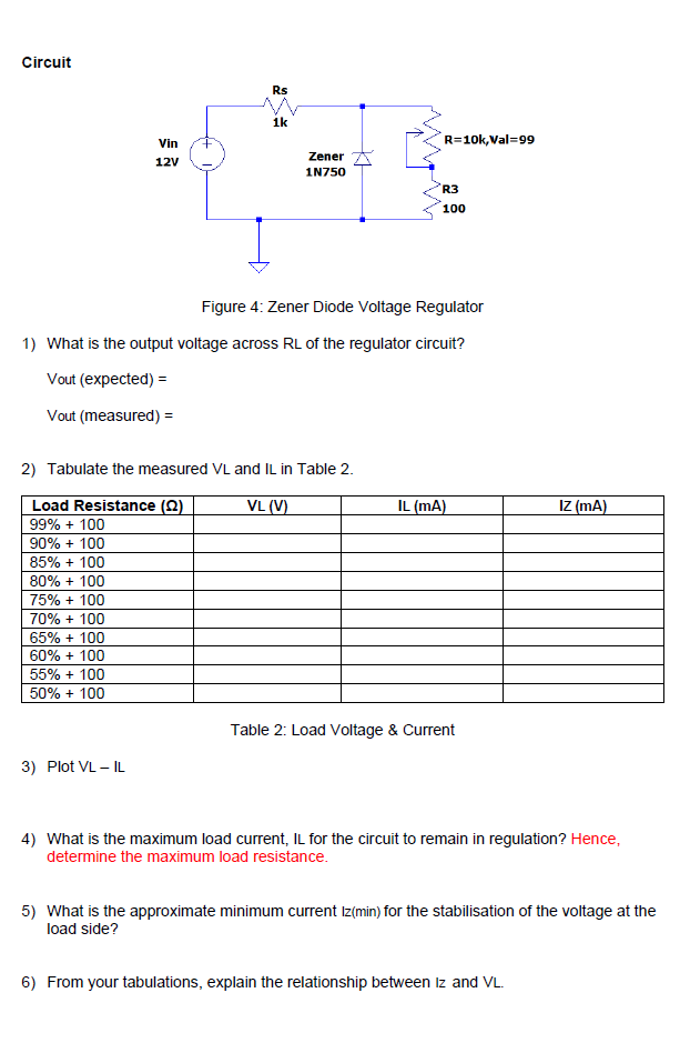Solved Circuit Rs 1k R=10k, Val=99 Vin 12V 마 Zener 1N750 R3 | Chegg.com