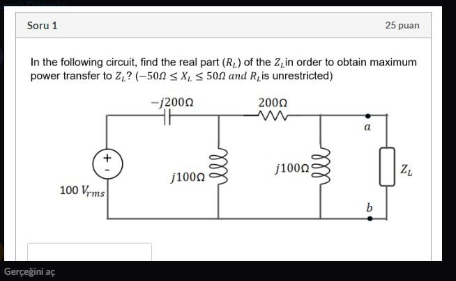 Solved In the following circuit, find the real part (RL) of | Chegg.com