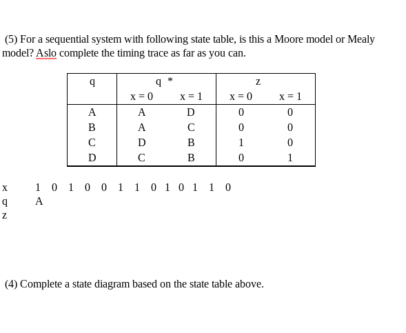 Solved (5) For a sequential system with following state | Chegg.com