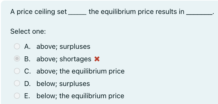 Solved A price ceiling setthe equilibrium price results | Chegg.com