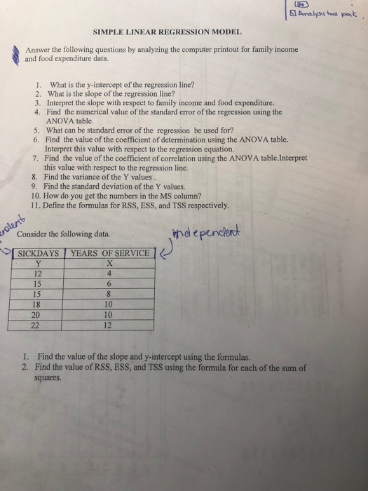 Solved SIMPLE LINEAR REGRESSION MODEL Answer the following | Chegg.com