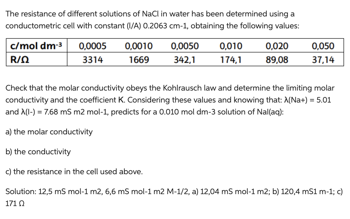Solved The resistance of different solutions of NaCl in | Chegg.com