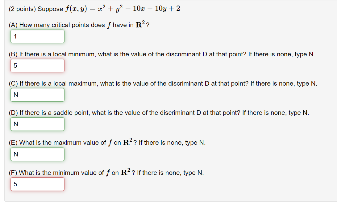 Solved (2 ﻿points) ﻿Suppose f(x,y)=x2+y2-10x-10y+2(A) ﻿How | Chegg.com