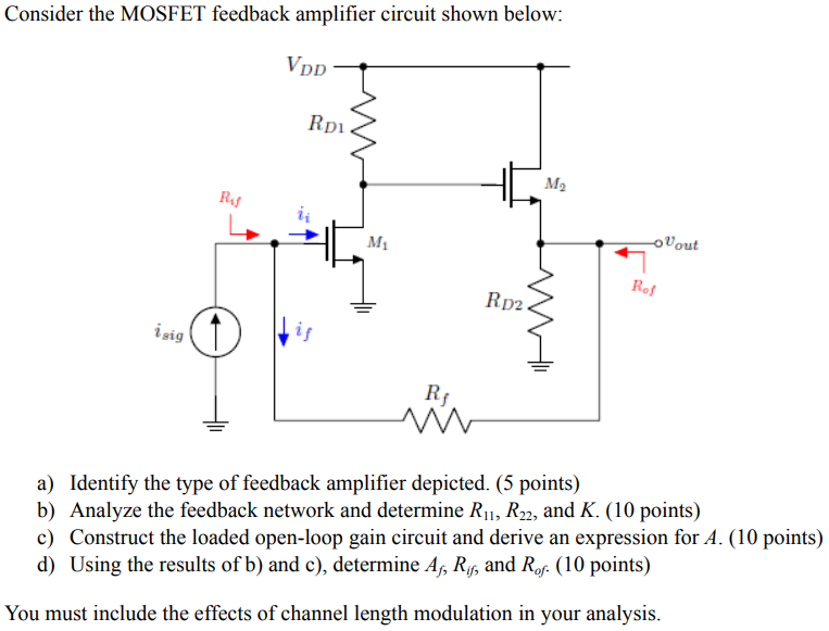 Consider the MOSFET feedback amplifier circuit shown | Chegg.com