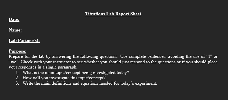Titrations Lab Report Sheet Date: Name: Lab | Chegg.com