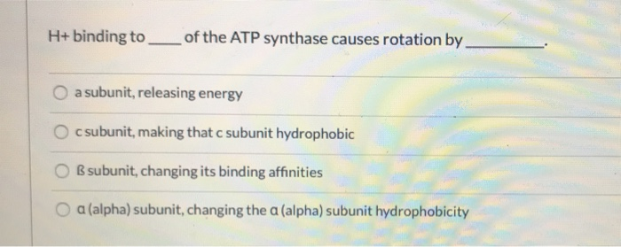 Solved H+binding to of the ATP synthase causes rotation by a | Chegg.com