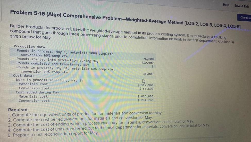 Solved Help Save & Exit Problem 5-16 (Algo) Comprehensive | Chegg.com