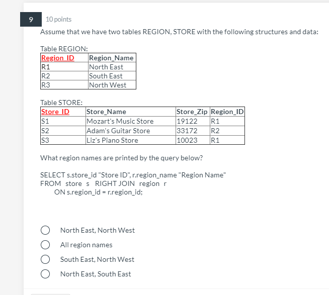 Solved 9 9 10 points Assume that we have two tables REGION, | Chegg.com