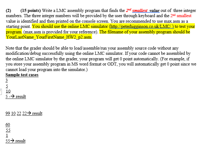 Write a LMC assembly program that finds the 2nd | Chegg.com