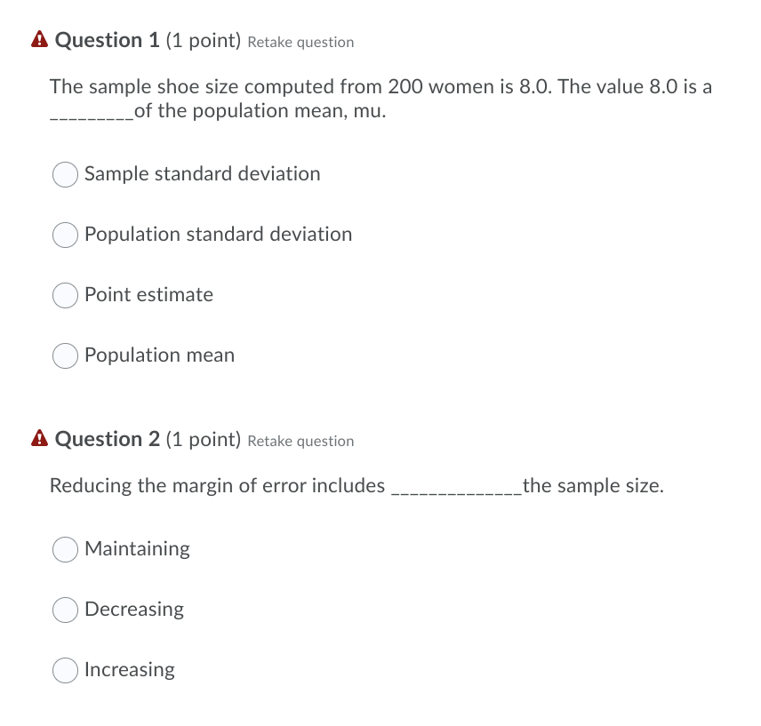 Solved A Question 1 (1 point) Retake question The sample | Chegg.com