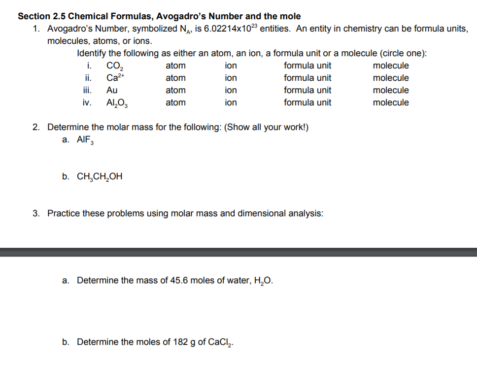Solved Section 2 5 Chemical Formulas Avogadro s Number And Chegg