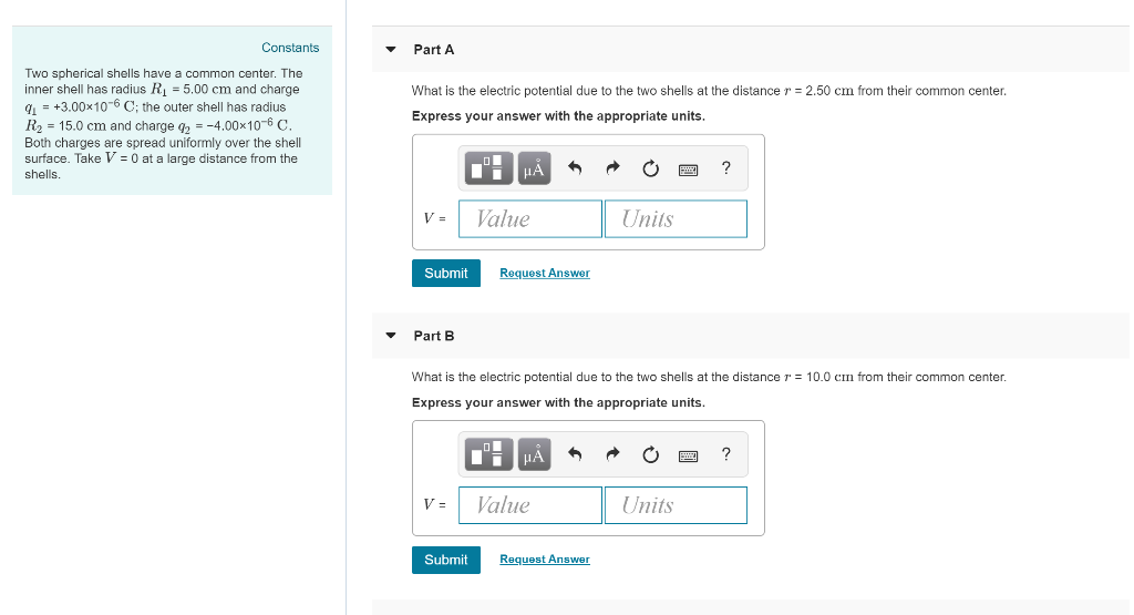 Solved Constants Part A Two spherical shells have a common | Chegg.com