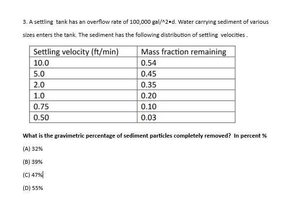 Solved 3. A settling tank has an overflow rate of | Chegg.com