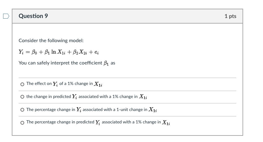 Solved Question 9 1 pts Consider the following model: Y; = | Chegg.com