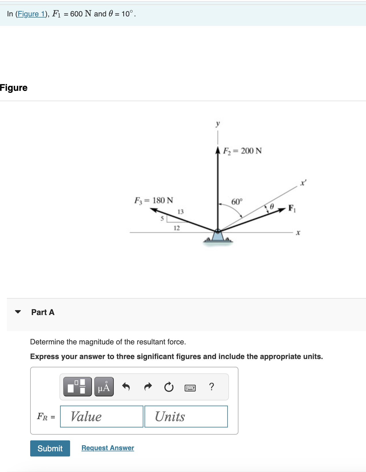 Solved In (Figure 1), F1=600 N and θ=10∘. Figure Part A | Chegg.com