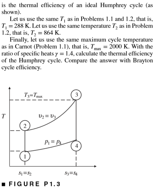Solved 1.3 The Humphrey cycle operates a constant-volume | Chegg.com