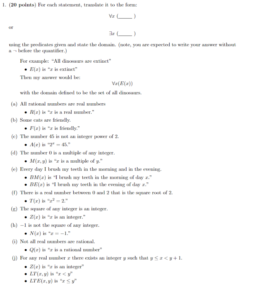 1. (20 points) For each statement, translate it to | Chegg.com