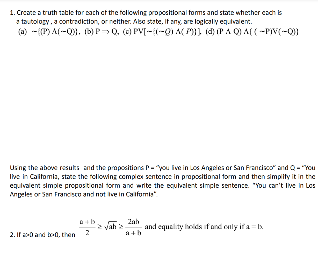 Solved 1. Create a truth table for each of the following | Chegg.com