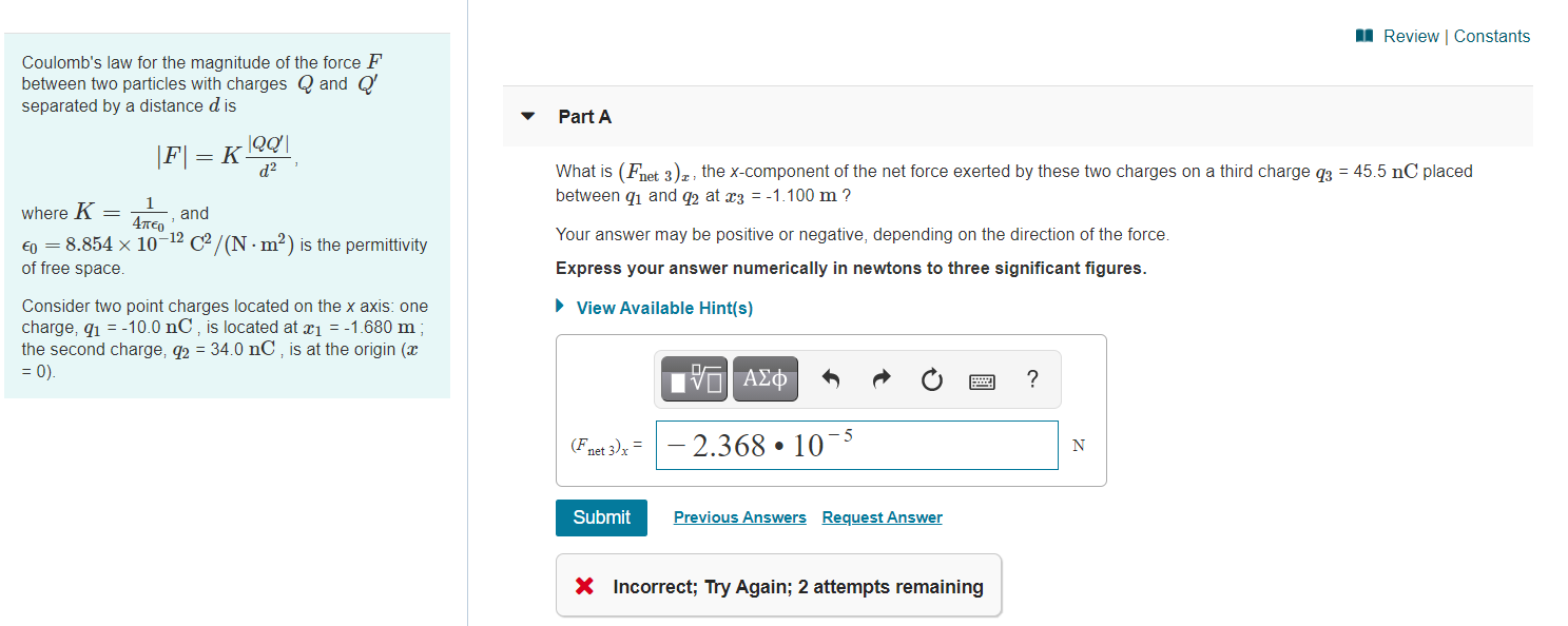 Solved 1 Review Constants Coulomb's law for the magnitude of | Chegg.com