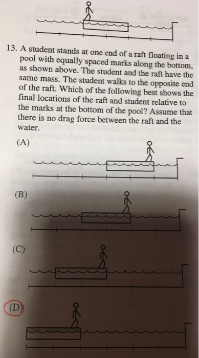 Solved 13. A student stands at one end of a raft floating in | Chegg.com