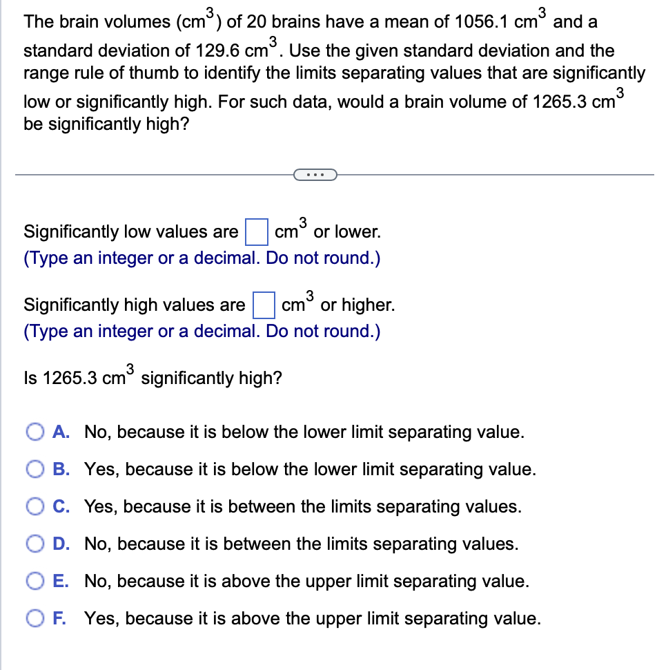 Solved The brain volumes (cm3) of 20 brains have a mean of | Chegg.com
