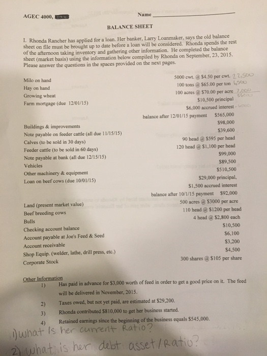 Solved AGEC 4000, Name BALANCE SHEET onda Rancher has | Chegg.com Solved AGEC 4000, Name BALANCE SHEET onda Rancher has | Chegg.com