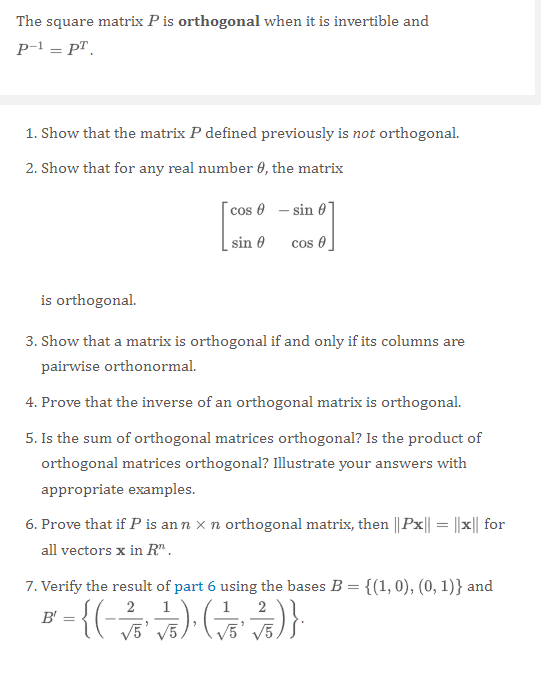 Solved The square matrix P ﻿is orthogonal when it is | Chegg.com