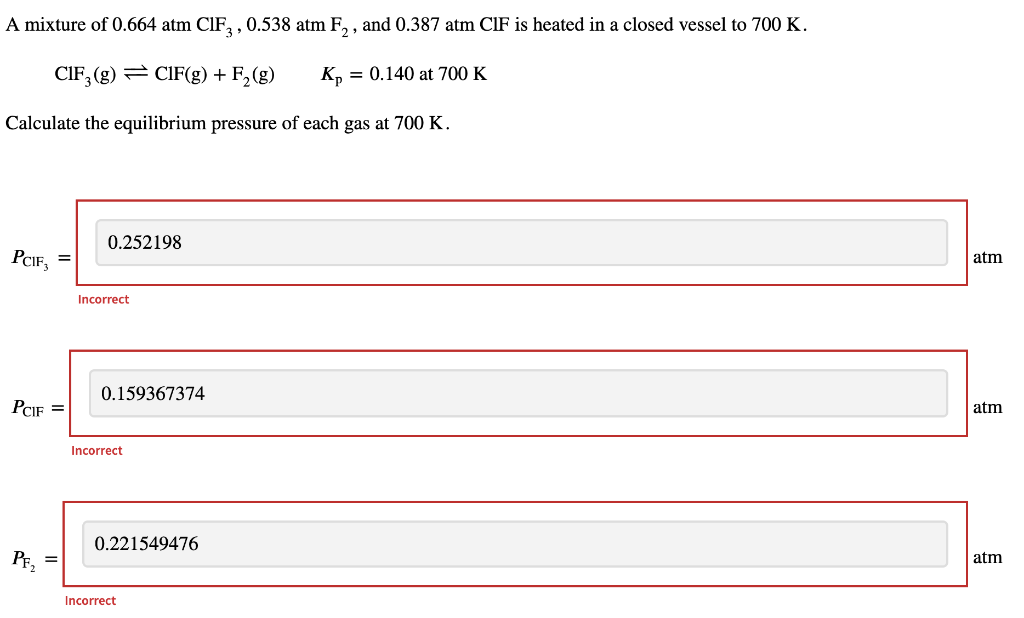 Solved A mixture of 0.664 atm CIF3 ,0.538 atm F2, and 0.387 | Chegg.com